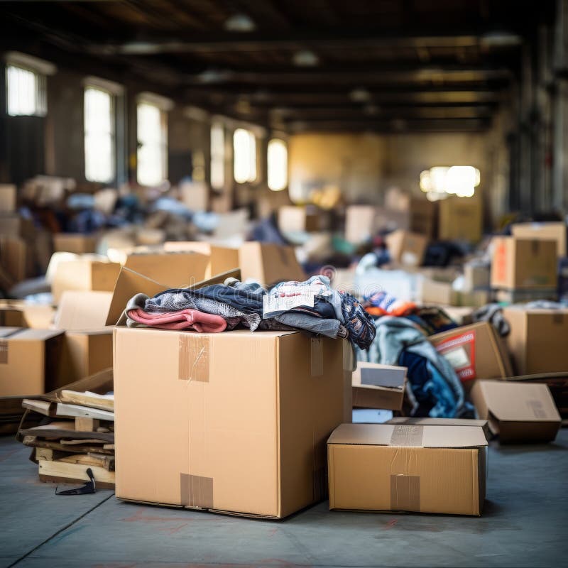 Cardboard Boxes Filled with Clothes in a Large Warehouse Stock Photo ...