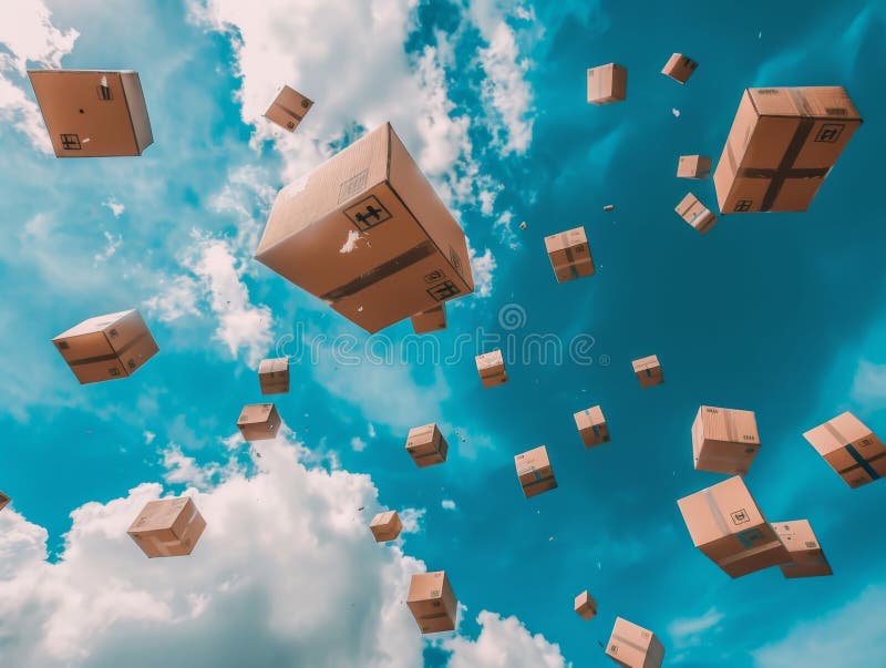 Cardboard Boxes Floating High in the Sky among Clouds, Representing ...