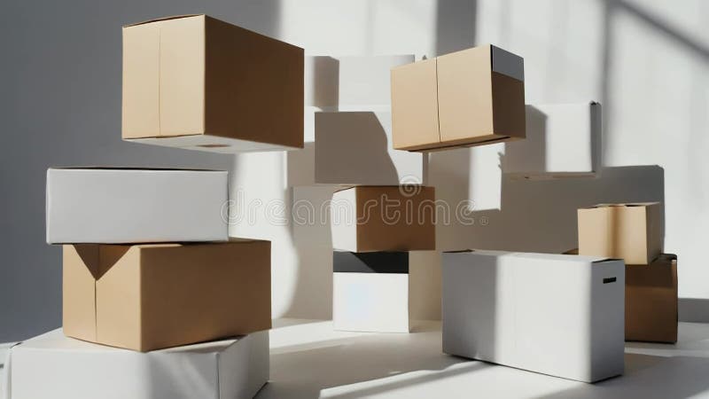 Cardboard Boxes Floating and Stacked in a Minimalist Setting Stock ...