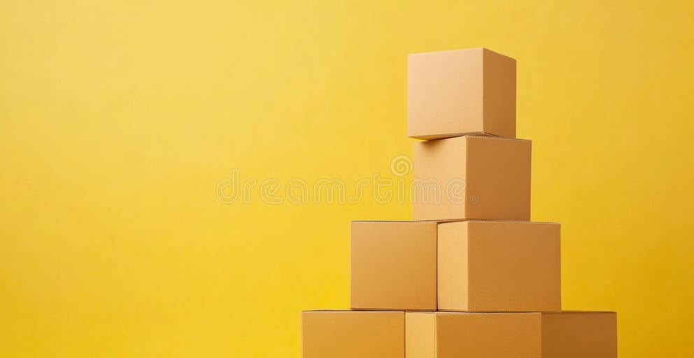 Cardboard Boxes Forming a Pyramid on Yellow Background Stock Photo ...