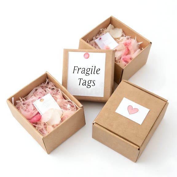 Cardboard Boxes with Fragile Tags Isolated on White Background Stock ...