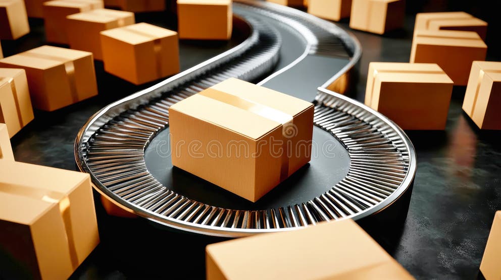 Cardboard Boxes Glide Smoothly on a Conveyor Belt, Sorting Parcels ...