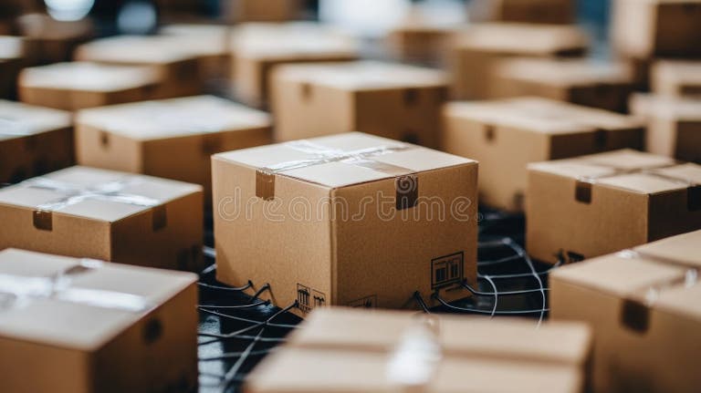 Cardboard Boxes on a Grid Surface Representing E-commerce and ...
