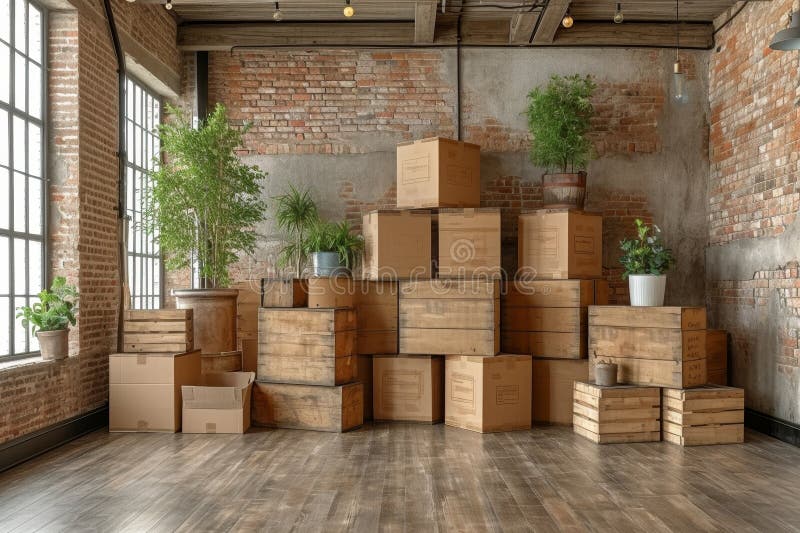 Cardboard Boxes and Household Items in the Room, a Place for Text Stock ...