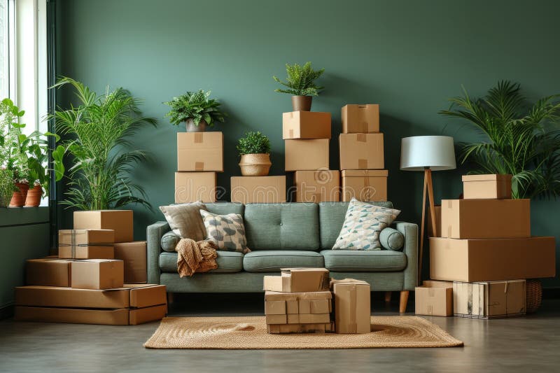 Cardboard Boxes and Household Items in the Room, a Place for Text Stock ...