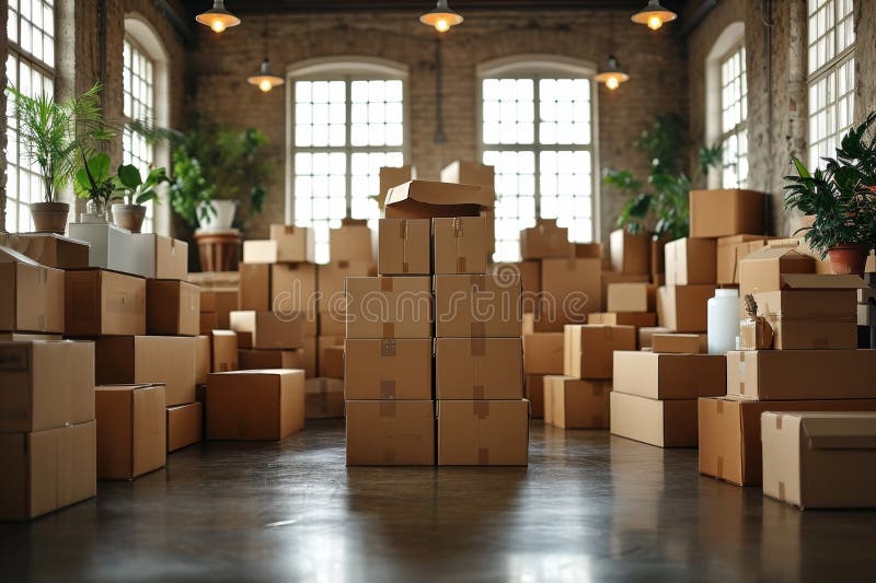 Cardboard Boxes and Household Items in the Room, a Place for Text Stock ...