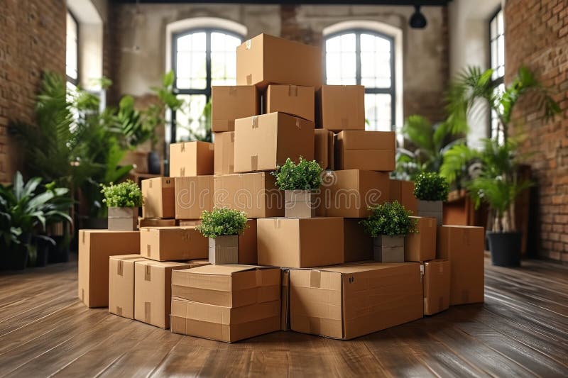 Cardboard Boxes and Household Items in the Room, a Place for Text Stock ...