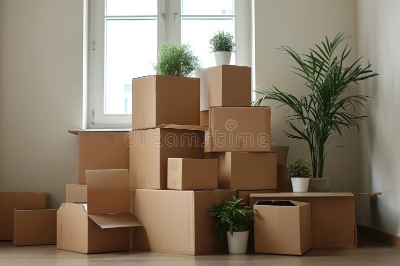 Cardboard Boxes and Household Items in the Room, a Place for Text Stock ...