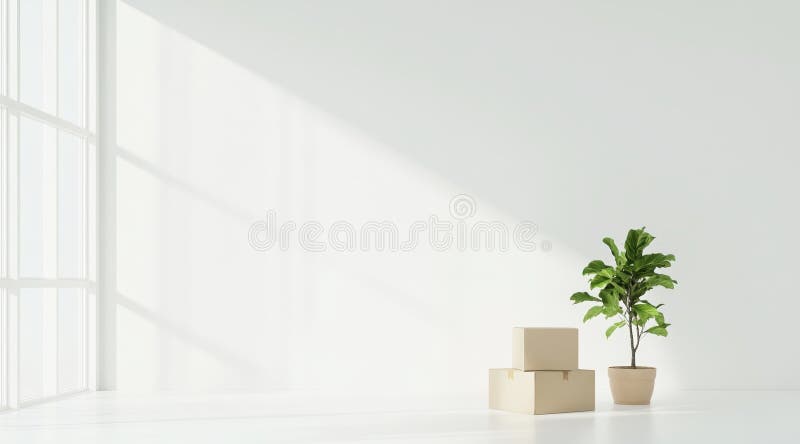 Cardboard Boxes and Houseplants in Bright Empty Room with Large Windows ...