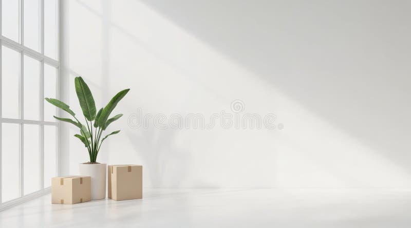 Cardboard Boxes Houseplants Bright Empty Room Large Windows Moving ...
