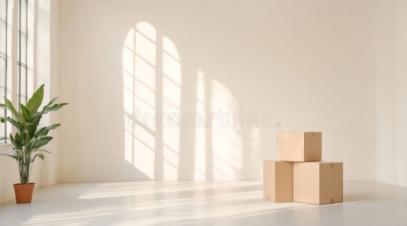Cardboard Boxes and Houseplants in Bright Empty Room with Large Windows ...