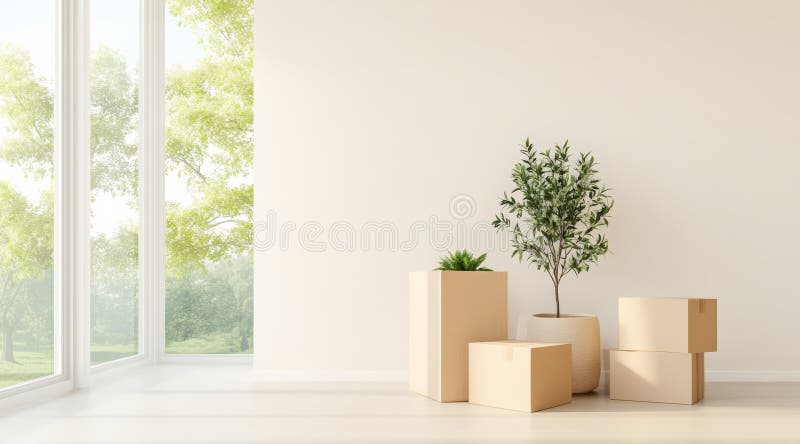 Cardboard Boxes and Houseplants in Bright Empty Room with Large Windows ...