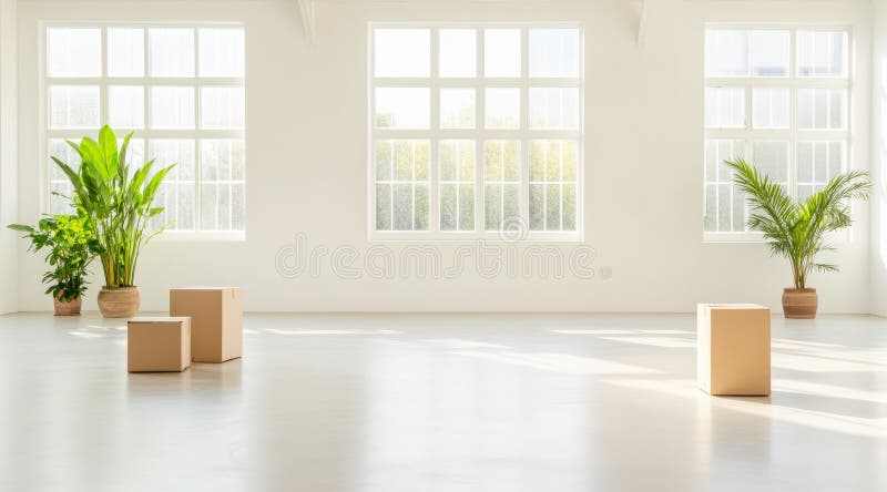 Cardboard Boxes and Houseplants in Bright Empty Room with Large Windows ...