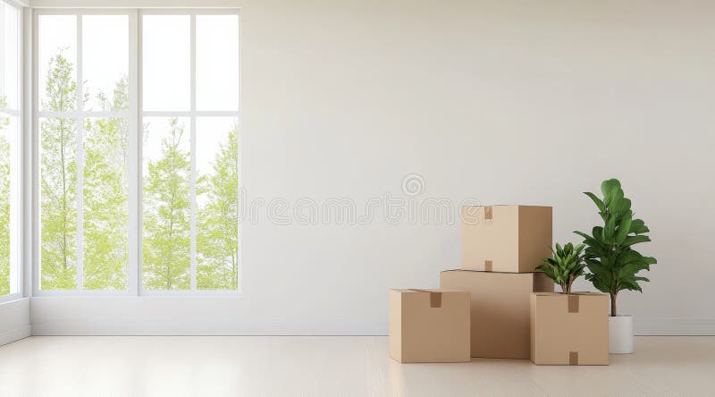 Cardboard Boxes and Houseplants in Bright Empty Room with Large Windows ...