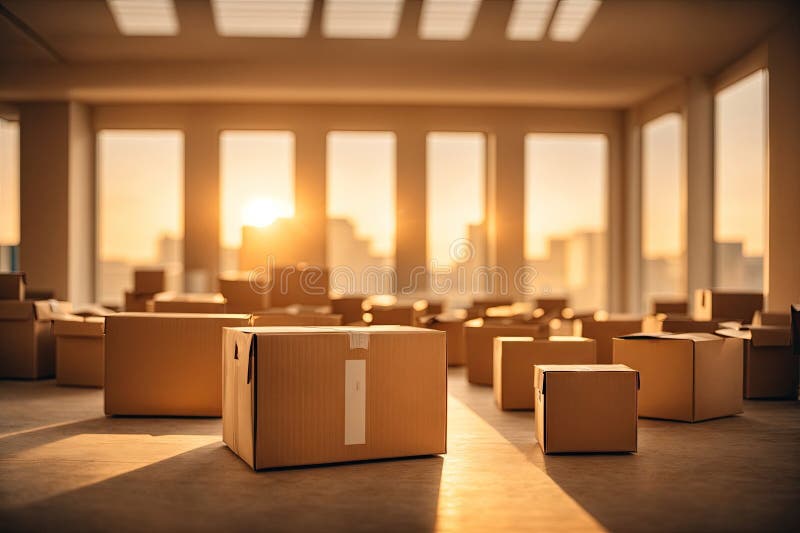 Cardboard Boxes in a Large Empty Bright Room Relocation. Ai Generative ...