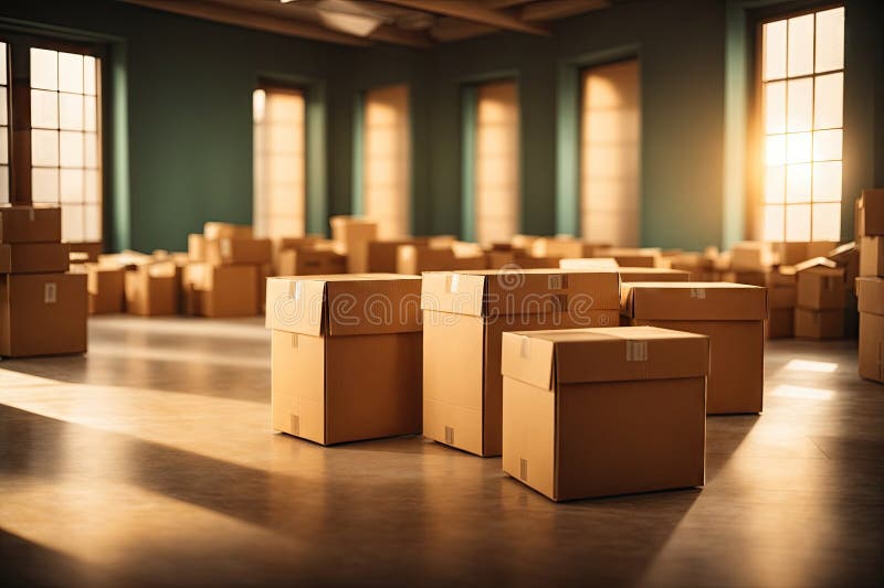 Cardboard Boxes in a Large Empty Bright Room Relocation. Ai Generative ...
