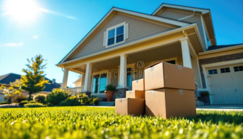 Cardboard Boxes on Lawn in Front of New Suburban House during Moving ...