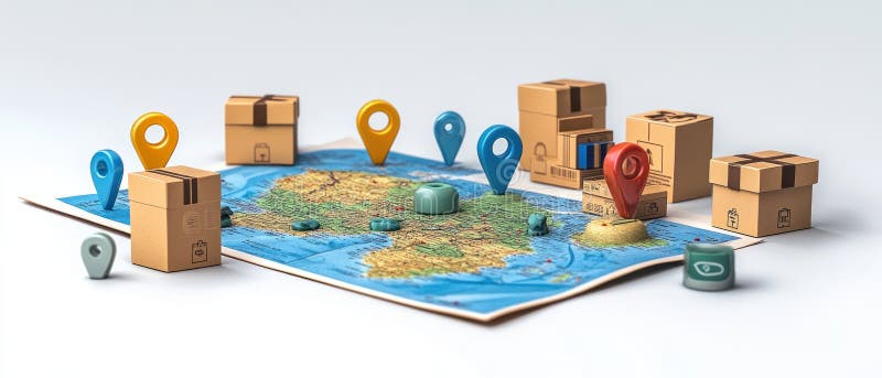CARDBOARD BOXES with LOCATION PINS on a WORLD MAP Stock Illustration ...