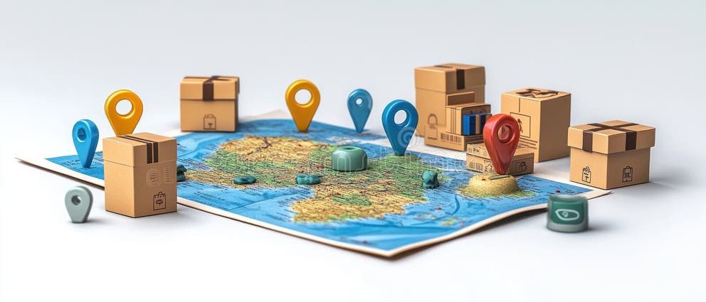 CARDBOARD BOXES with LOCATION PINS on a WORLD MAP Stock Illustration ...