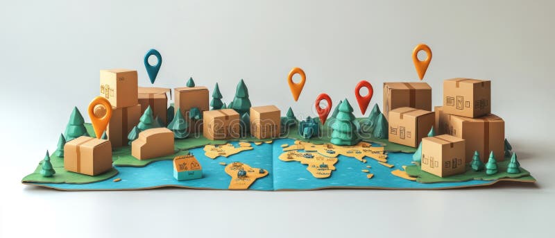 CARDBOARD BOXES and LOCATION PINS on WORLD MAP SYMBOLIZING GLOBAL ...