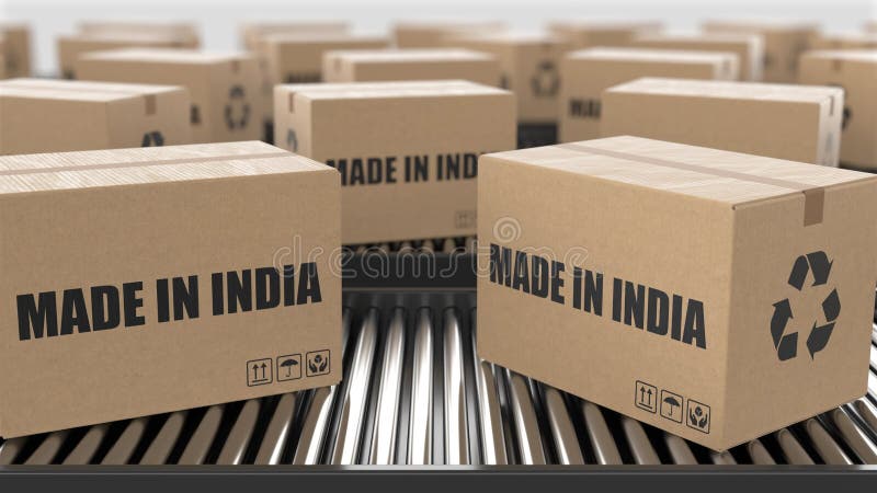 Cardboard Boxes with Made in India Text on Roller Conveyor Stock ...
