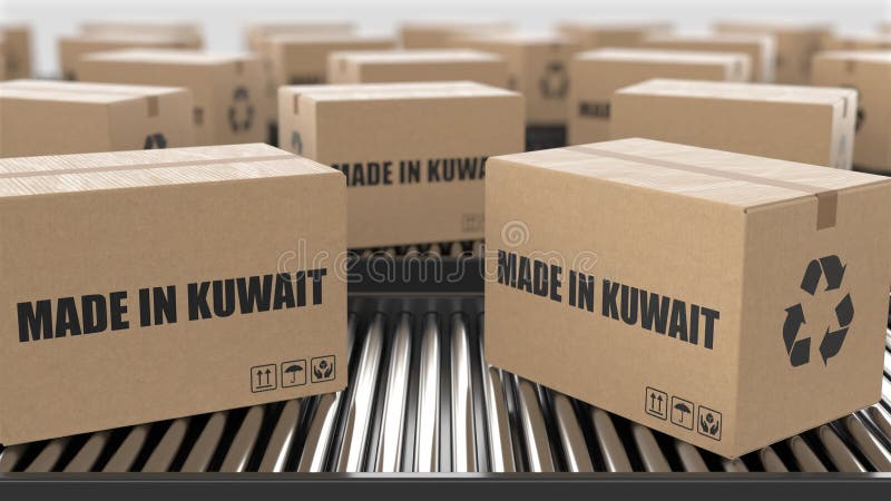 Cardboard Boxes with Made in Kuwait Text on Roller Conveyor Stock ...
