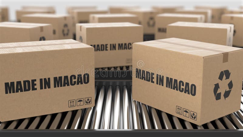 Cardboard Boxes with Made in Macao Text on Roller Conveyor Stock ...