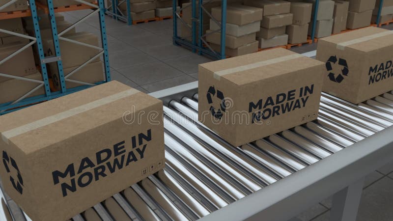 Cardboard Boxes with Made in Norway on Conveyor Belt Line Isolated on ...