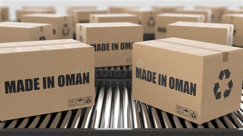 Cardboard Boxes with Made in Oman Text on Roller Conveyor Stock Footage ...