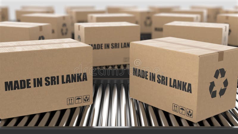 Cardboard Boxes with Made in Sri Lanka Text on Roller Conveyor Stock ...