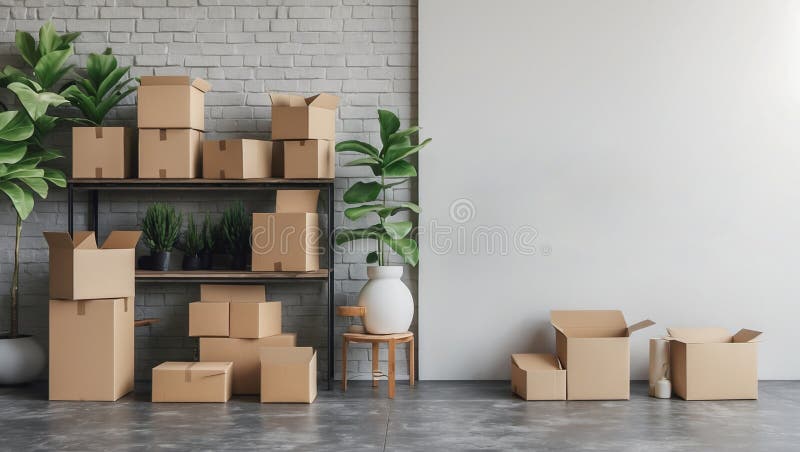 Cardboard Boxes in Modern Room with Plants Stock Illustration ...