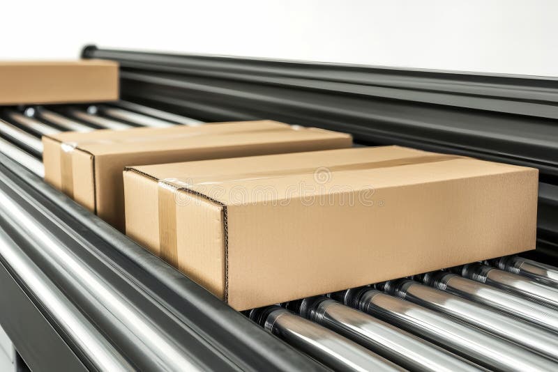 Cardboard Boxes in Motion on a Roller Conveyor Symbolizing Sustainable ...