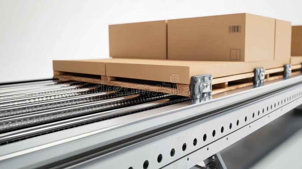 Cardboard Boxes in Motion on a Sleek Roller Conveyor Showcasing Sustainability in Packaging ...