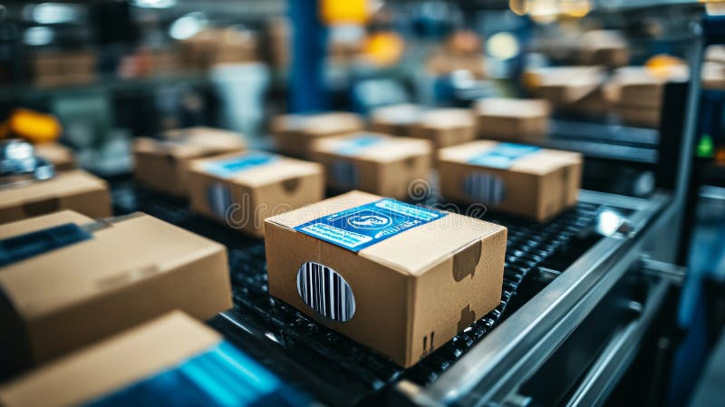 Cardboard Boxes Move Along Conveyor, Packaging and Shipping in Distribution Warehouse Stock ...