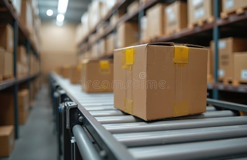 Cardboard Boxes Move on Conveyor Belt Inside Warehouse. Distribution ...