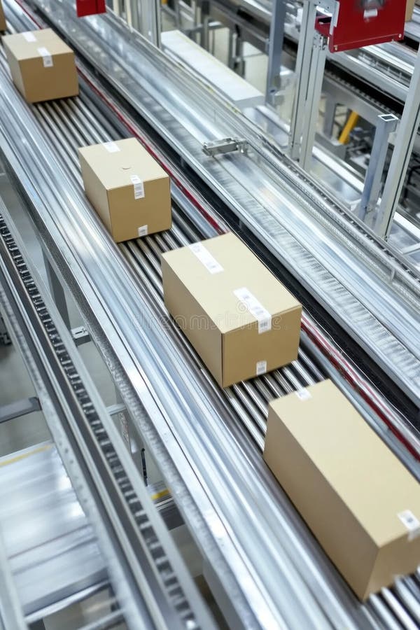 Cardboard Boxes Moving on Conveyor Belt in Distribution Warehouse Stock ...