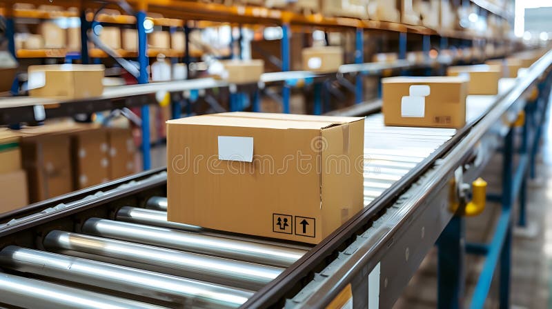 Cardboard Boxes Moving on Conveyor Belt in Distribution Warehouse. E ...