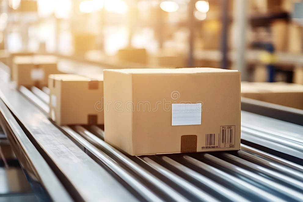 Cardboard Boxes Moving on Conveyor Belt in Distribution Warehouse Stock ...