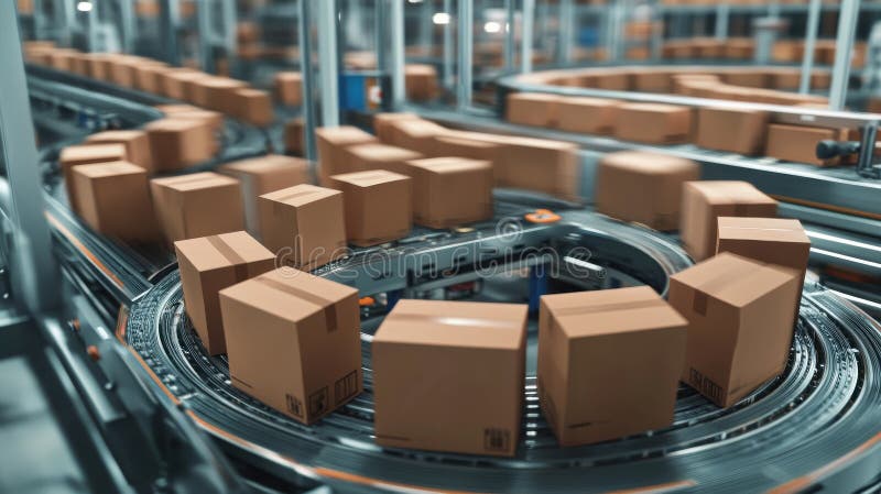 Cardboard Boxes Moving on Conveyor Belt in Distribution Warehouse Stock ...