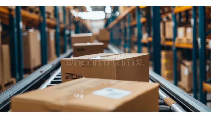 Cardboard Boxes on Conveyor Belt in Warehouse Stock Image - Image of ...