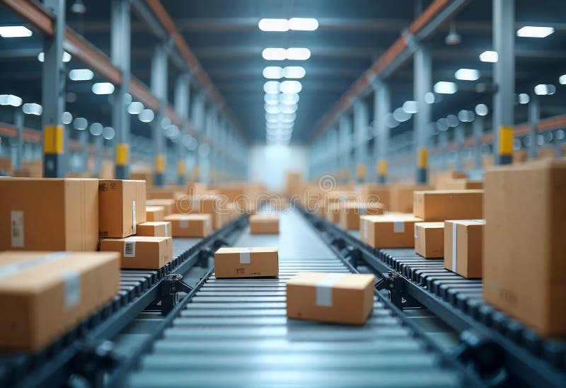 Packages Moving Along a Conveyor Belt Inside a Large Distribution ...