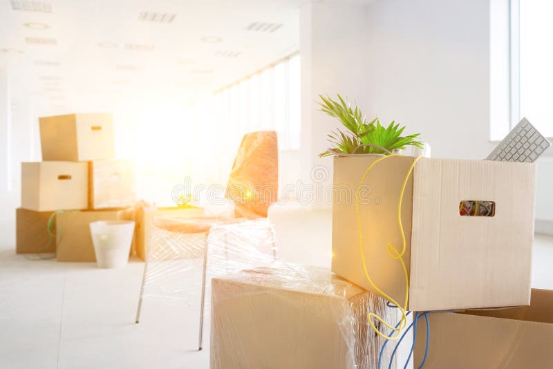 Cardboard Boxes in New Empty Office Stock Image - Image of chair, stack ...