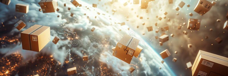 Cardboard Boxes Orbiting Earth in a Futuristic Space Scene Stock Photo ...
