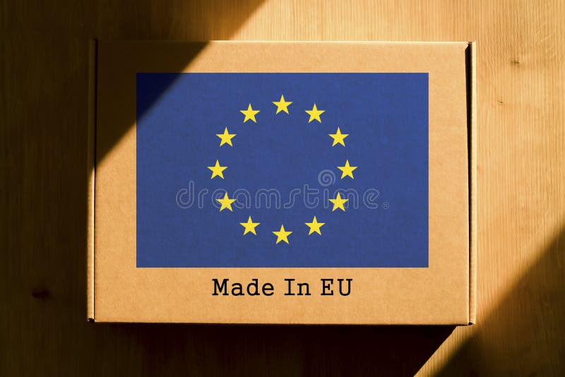 Made in EU. Cardboard Boxes with Text `Made in EU` and the Flag of EU ...
