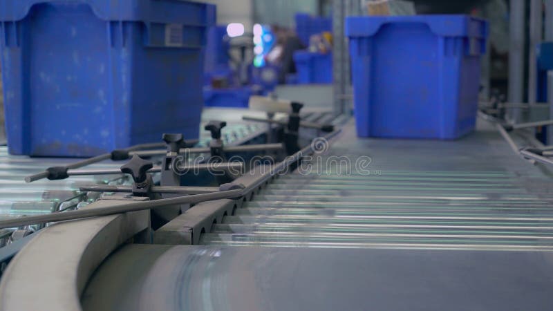 Packaging Lines with Plastic Blue Boxes Stock Photo - Image of line ...