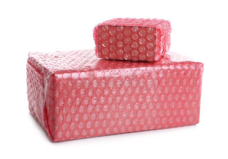 Cardboard Boxes Packed in Red Bubble Wrap on White Background Stock ...