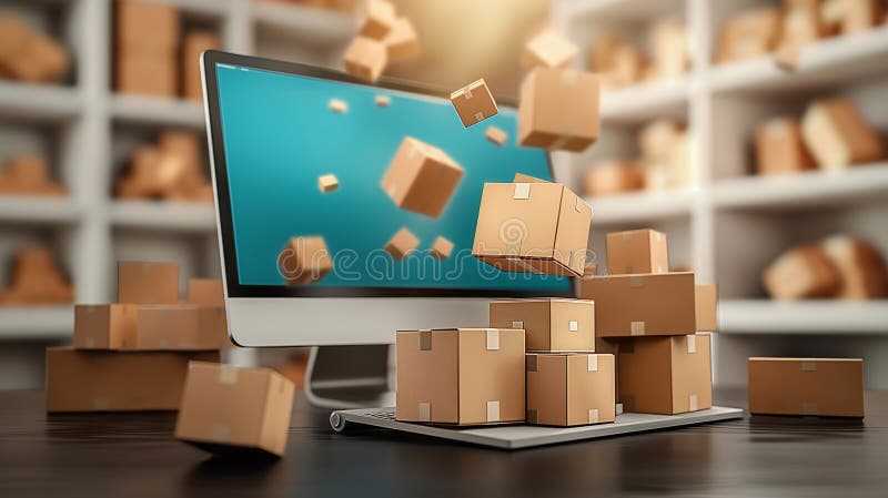 Cardboard Boxes and Parcels Around the Computer Stock Image - Image of ...