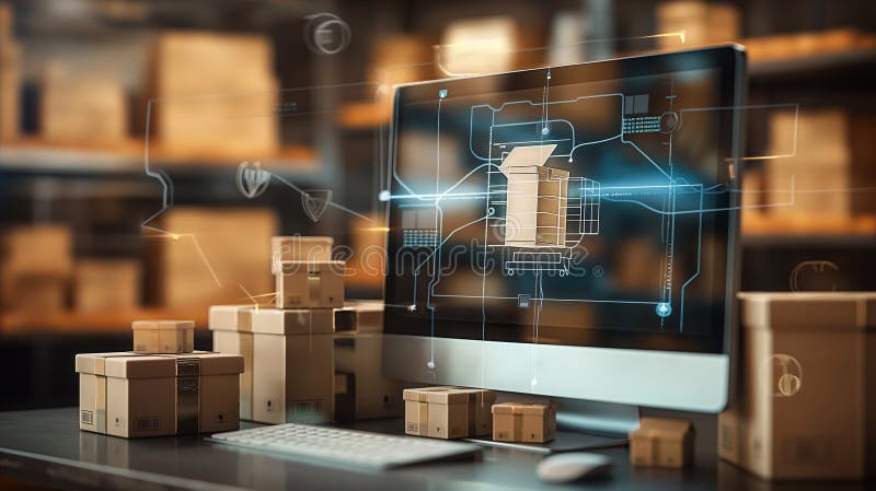 Cardboard Boxes and Parcels Around the Computer Stock Image - Image of ...