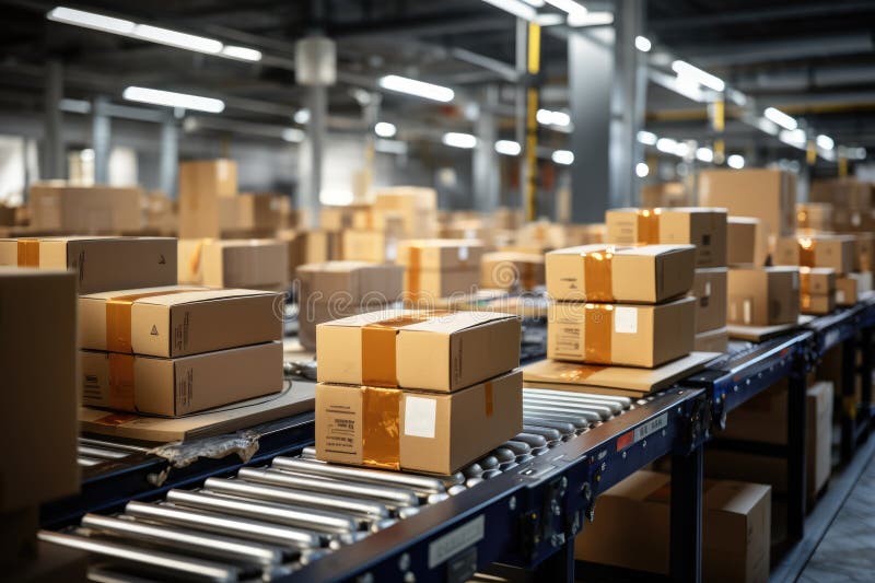 Cardboard Boxes with Parcels on Conveyor Belt in the Sorting Center ...