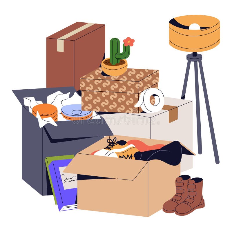 Cardboard Boxes with Personal Property, Belongings for Moving. Stack of ...